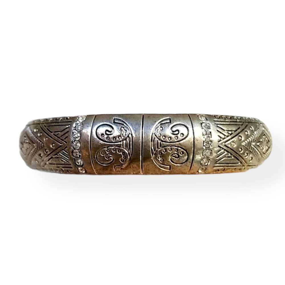 Vintage Etched Tribal Pewter Bangle Bracelet - Gem
